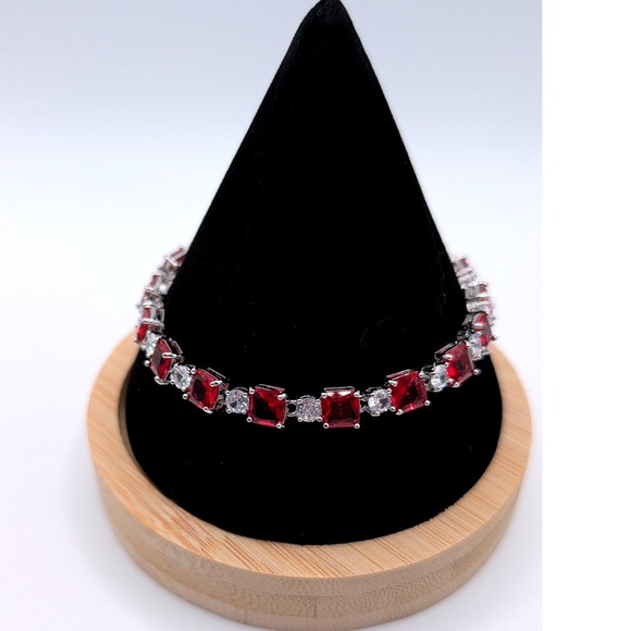 Jewelry | Ruby Red Emerald Cut Tennis Bracelet Silver Tone Clear ...